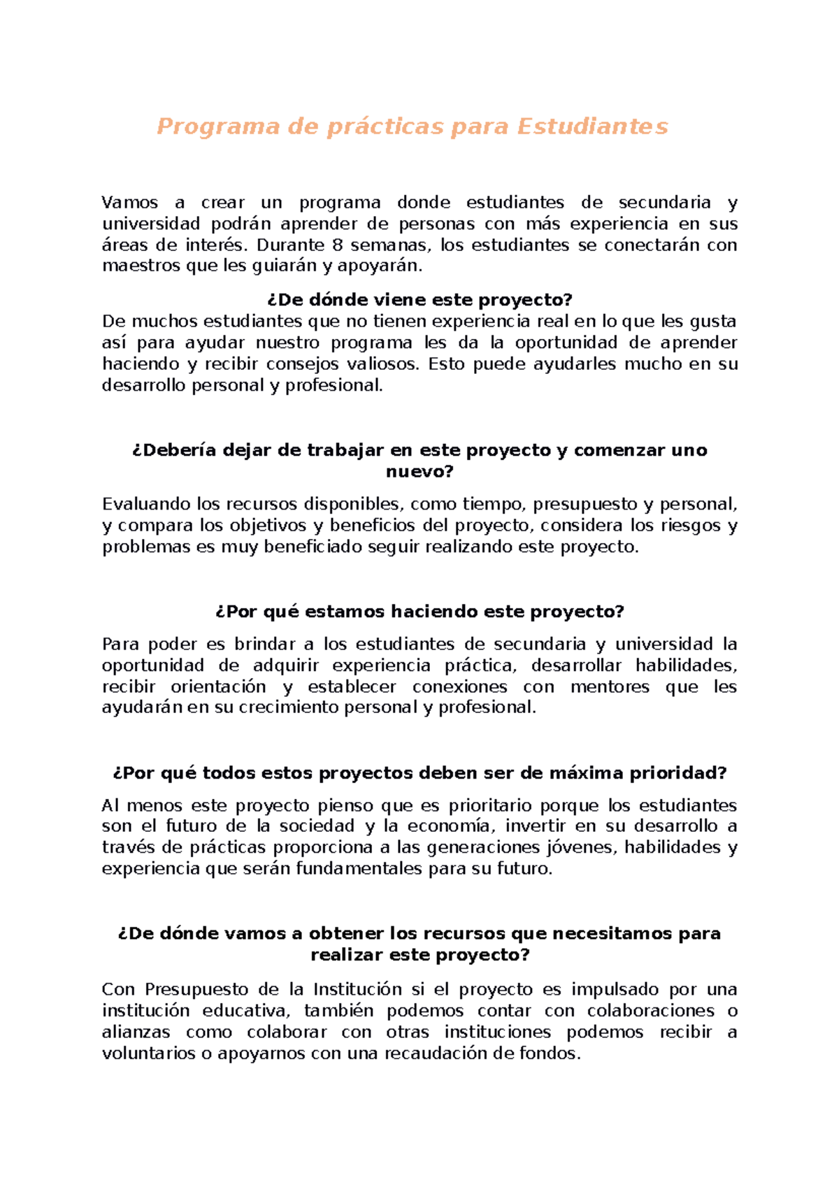 Programa de practicas para estudiantes - Programa de prácticas para ...