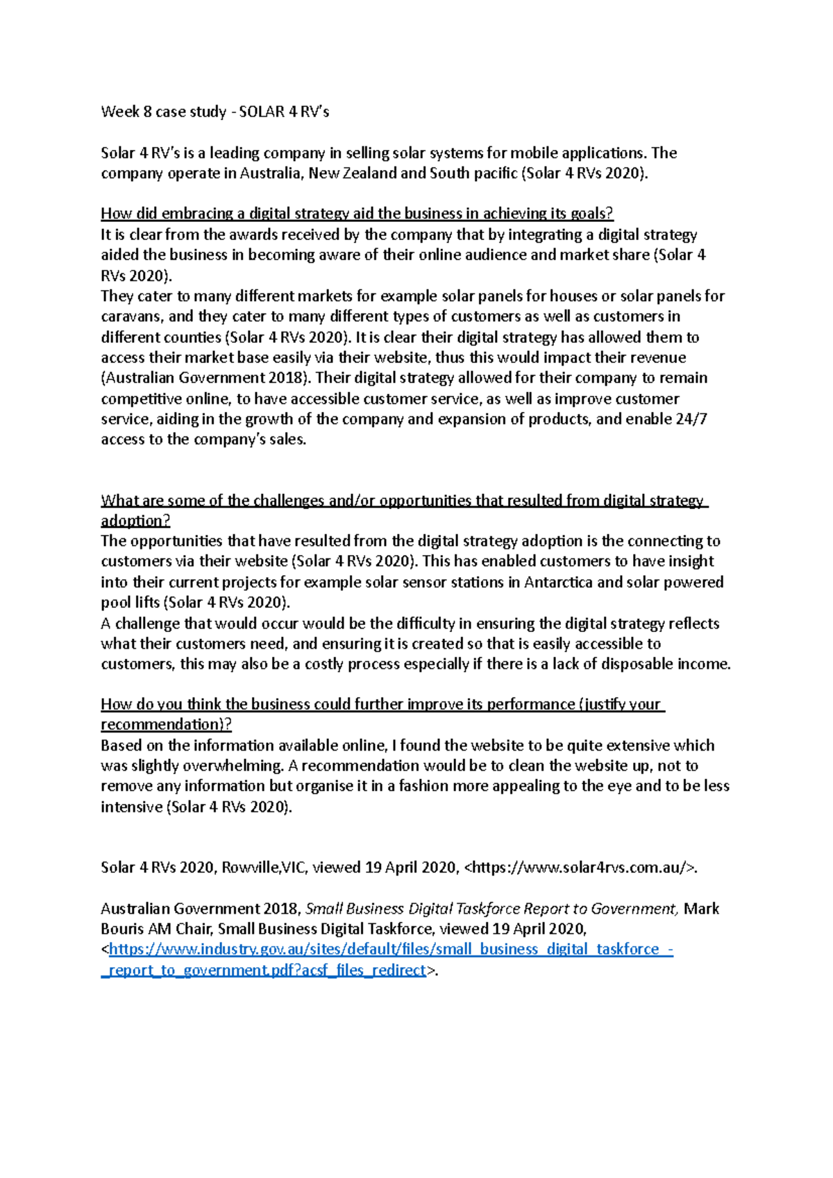 Week 8 case study - practical - Week 8 case study - SOLAR 4 RV’s Solar ...