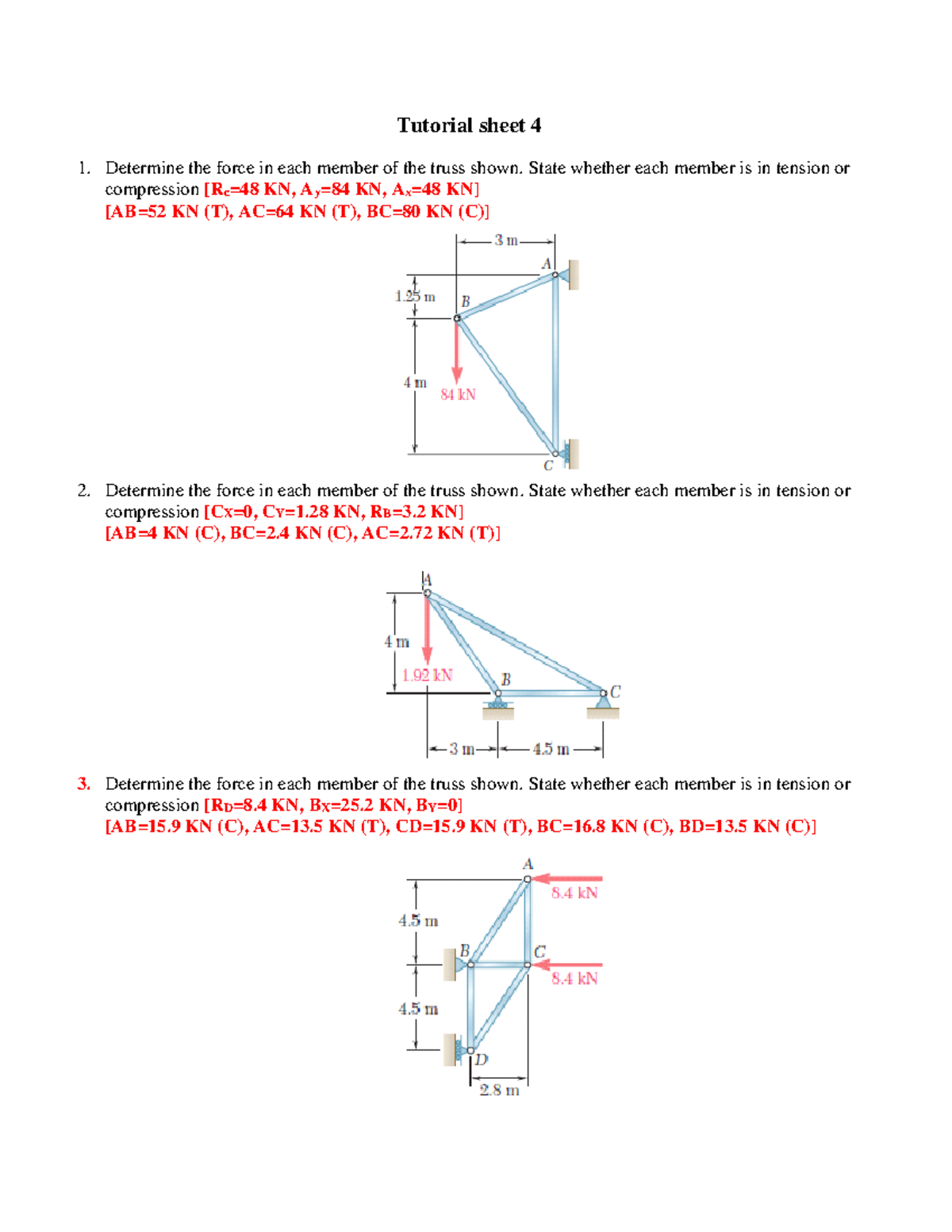 ALL UNITS I TO VI - Tutorial sheet 4 Determine the force in each member ...