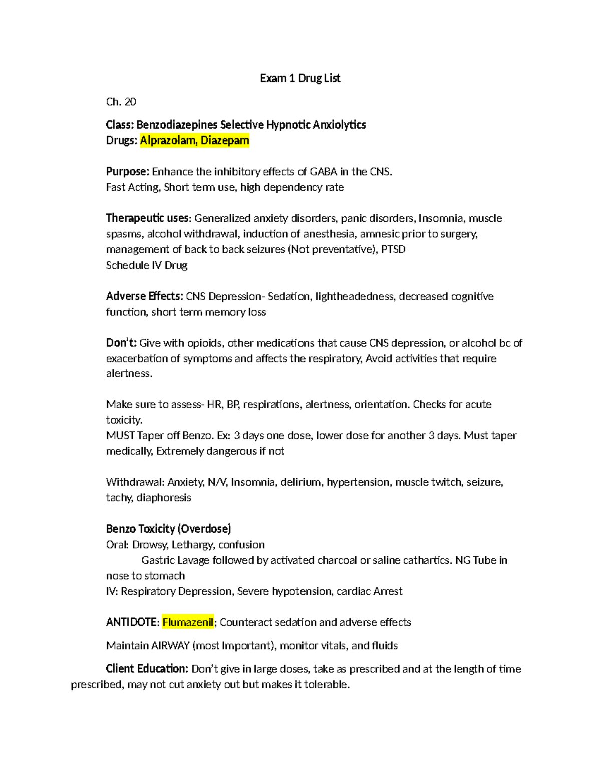 Pharm Exam 1 Drug list - exam 1 notes - Exam 1 Drug List Ch. 20 Class ...
