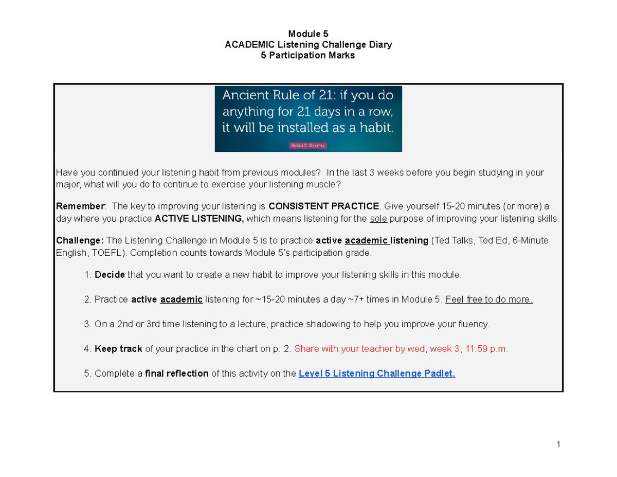 Copy of 5-2 of Module 5 Listening Challenge Diary - ACADEMIC Listening ...