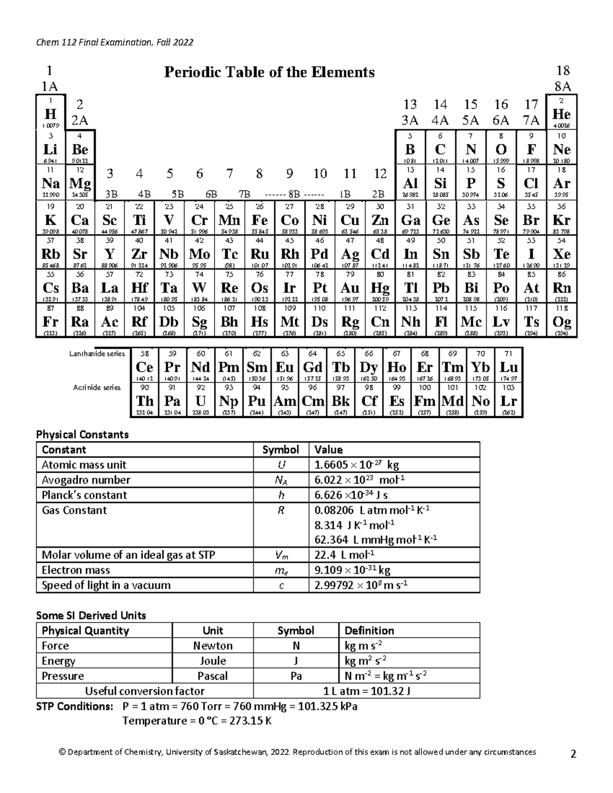 CHEM112-final-exam PSE and Constants - Chem 112 Final Examination, Fall ...