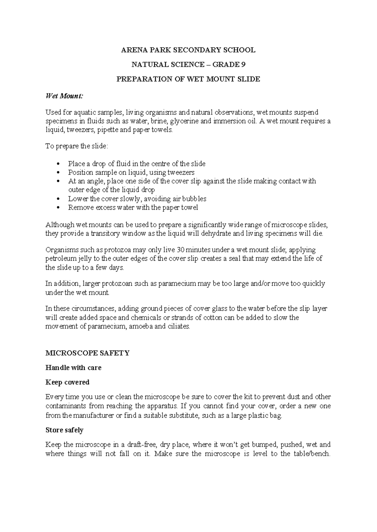 Microscope & Wet Mount - ARENA PARK SECONDARY SCHOOL NATURAL SCIENCE ...