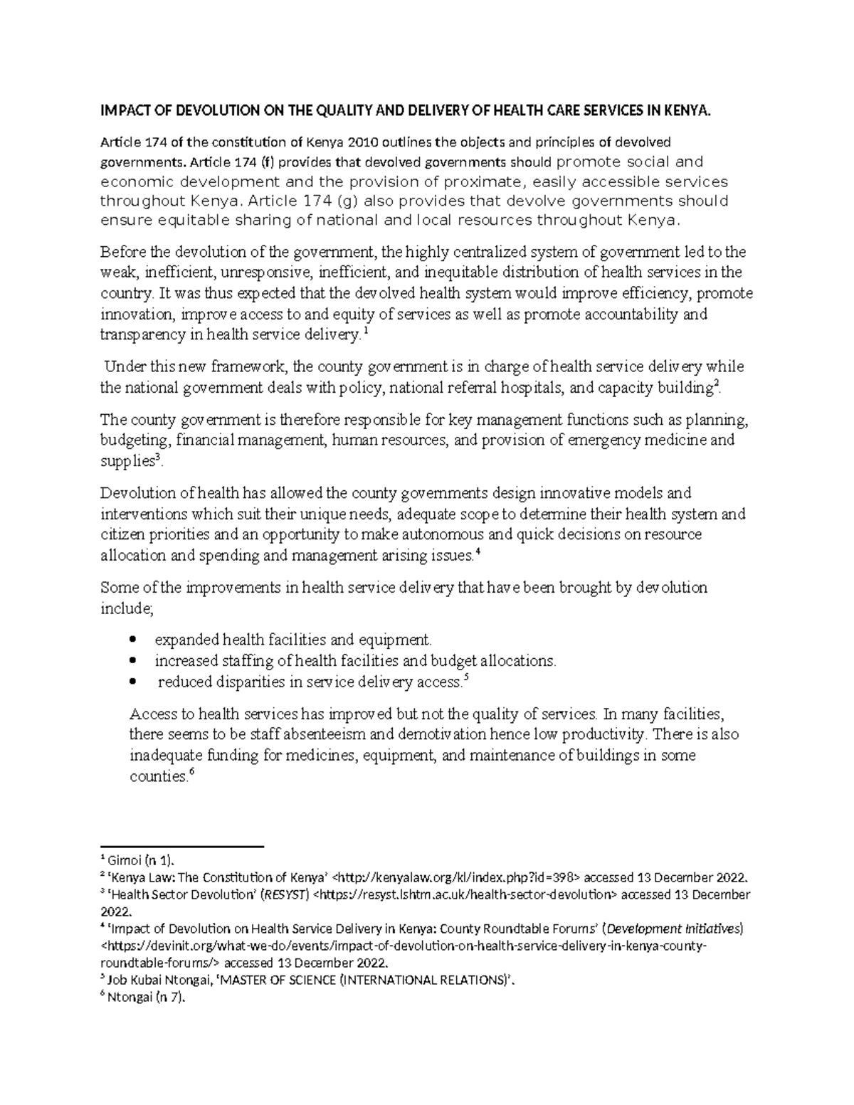 Impact OF Devolution ON THE Quality AND Delivery OF Health CARE Services IN Kenya - IMPACT OF ...