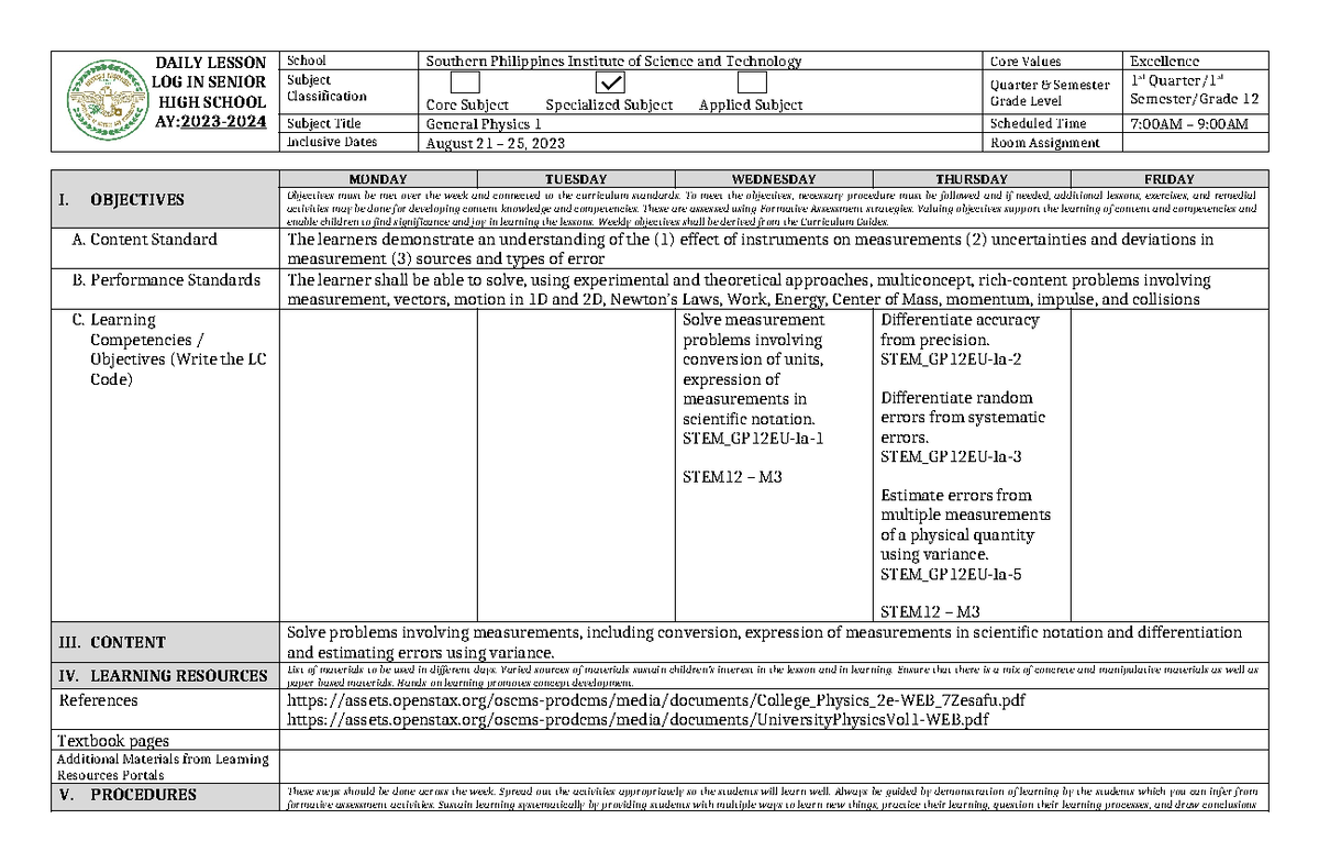 General Physics 1 DLL1 - Daily Learning Log - DAILY LESSON LOG IN ...