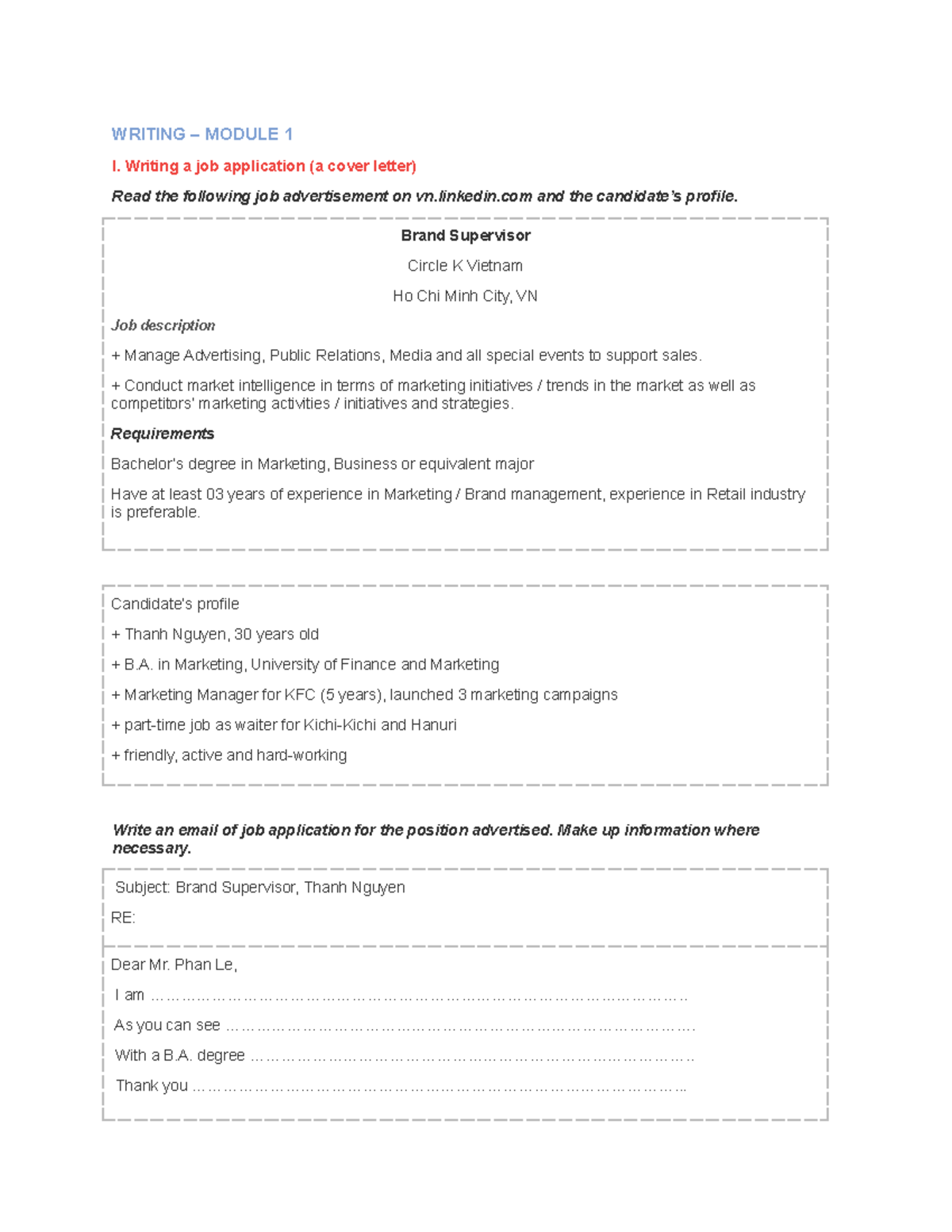 Writing Module 1 - a short pẩgrap - WRITING – MODULE 1 I. Writing a job ...