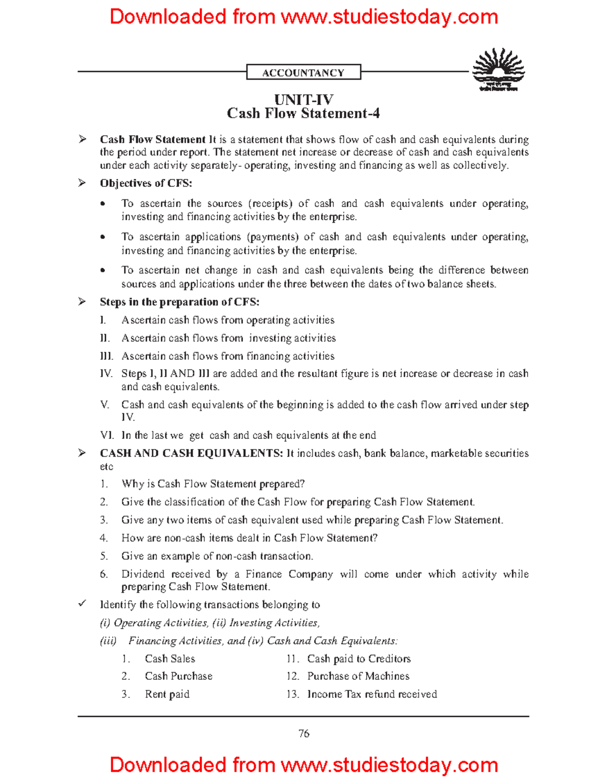 CBSE Class 12 Accountancy Cash Flow Statement - UNIT-IV Cash Flow ...