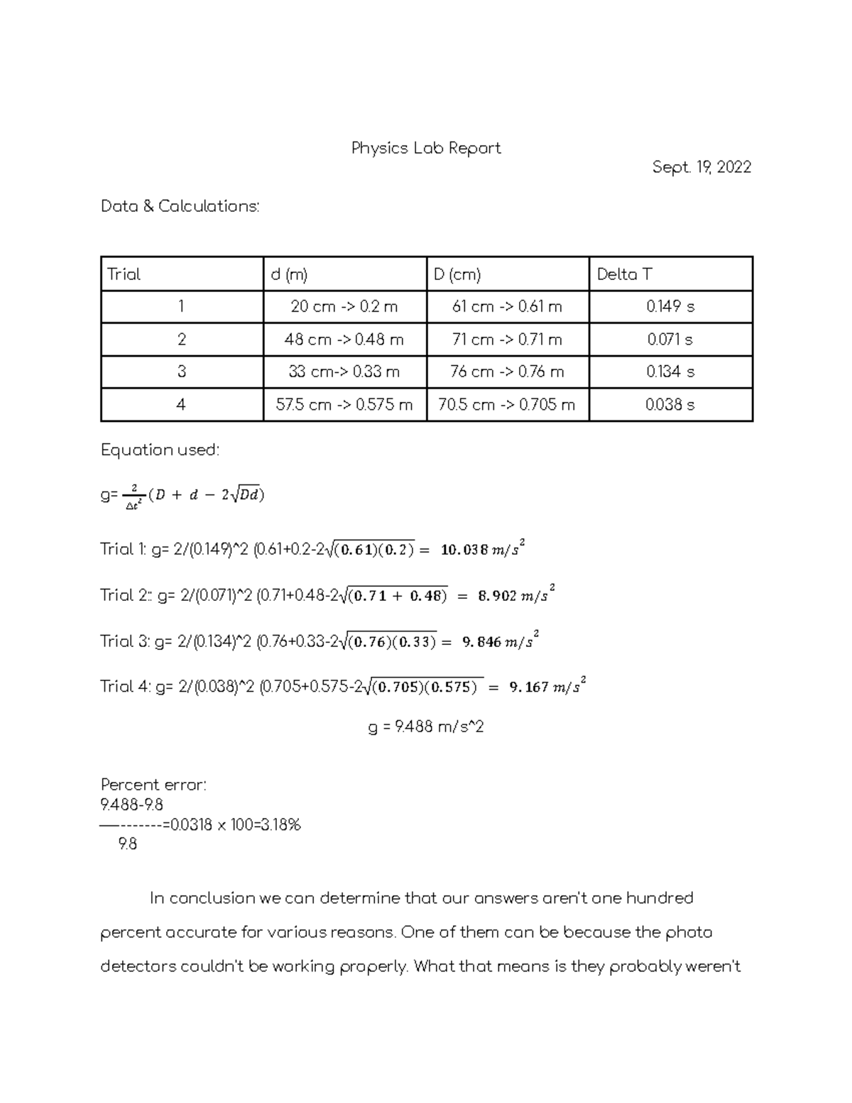 Physics lab report-3 - Physics Lab Report Sept. 19, 2022 Data ...