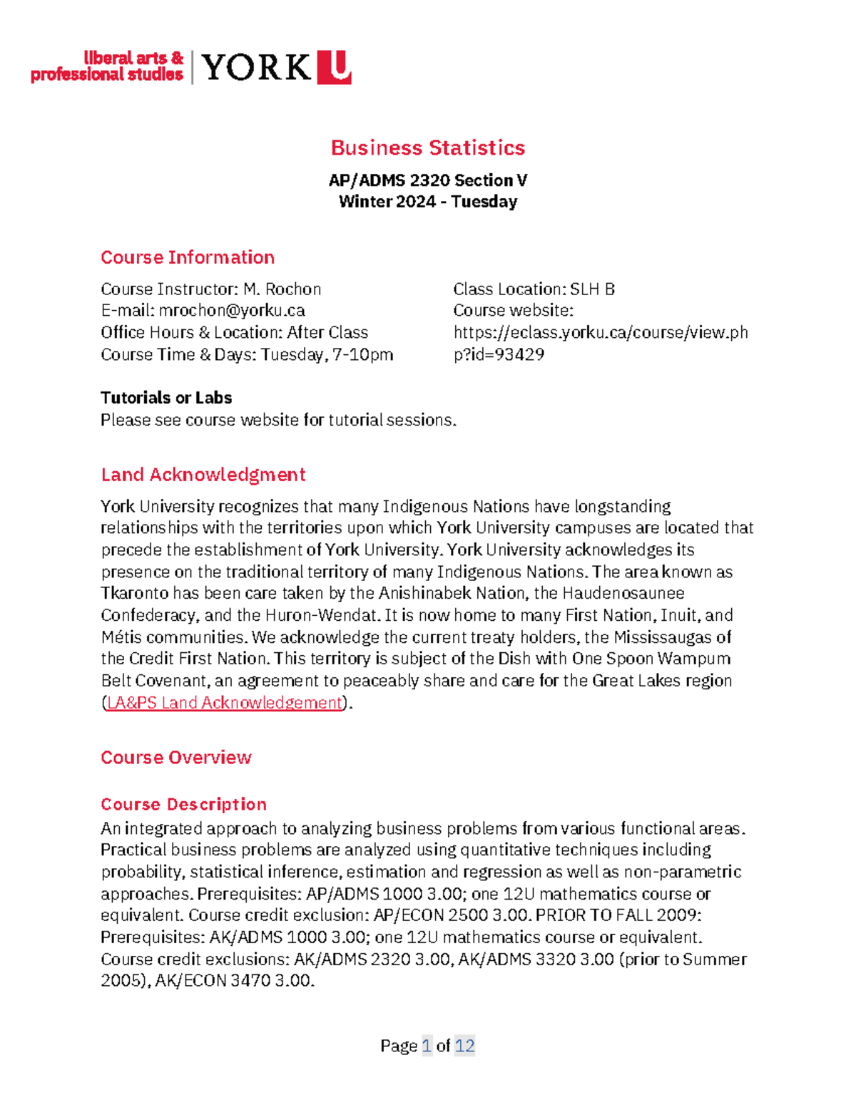 Course outline - Business Statistics AP/ADMS 2320 Section V Winter 2024 - Tuesday Course ...
