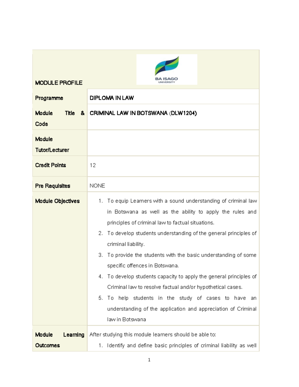 Crim law module profile - MODULE PROFILE Programme DIPLOMA IN LAW ...