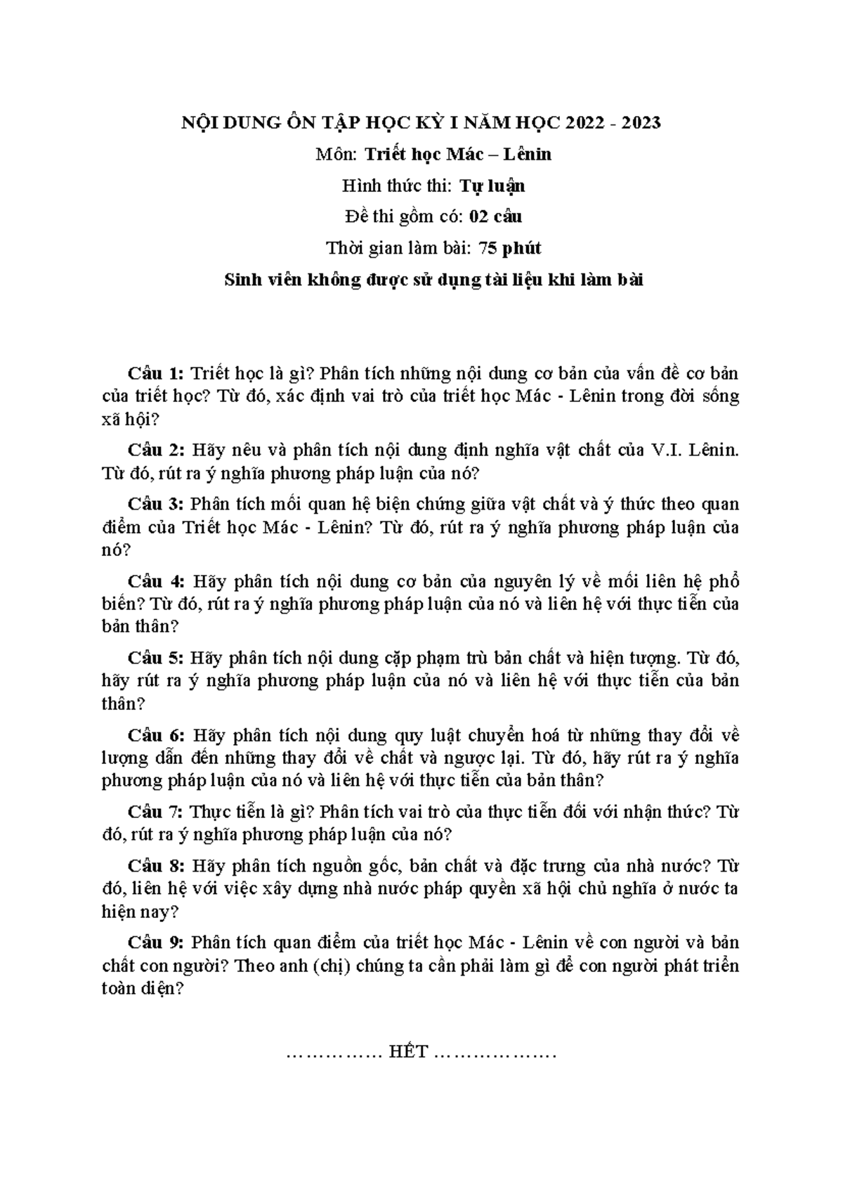 Triet- C ON TAP HK1 2022-2023docx - NỘI DUNG ÔN TẬP HỌC KỲ I NĂM HỌC 2022 - 2023 Môn: Triết học ...