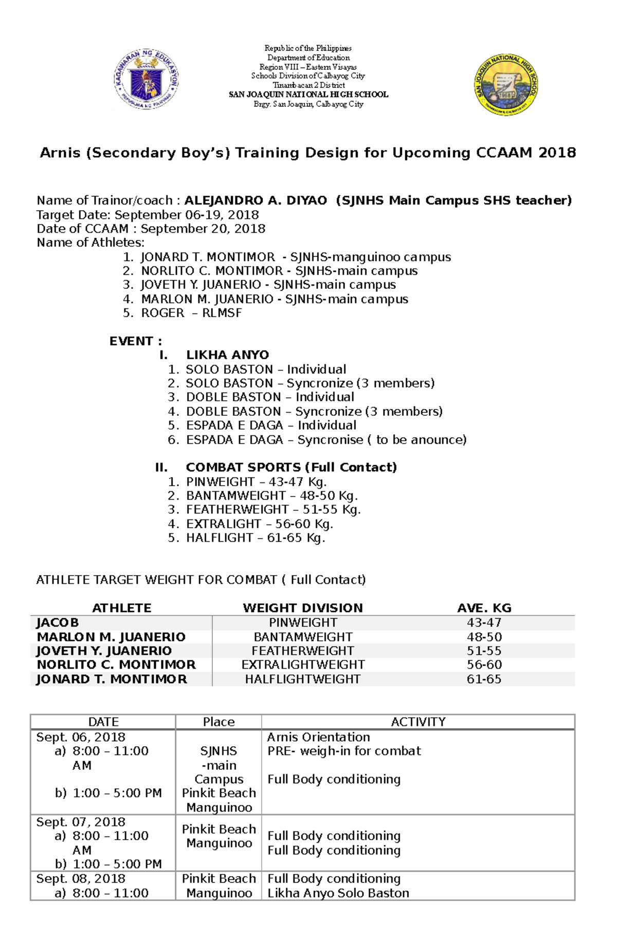 Arnis Training Design - Republic of the Philippines Department of ...