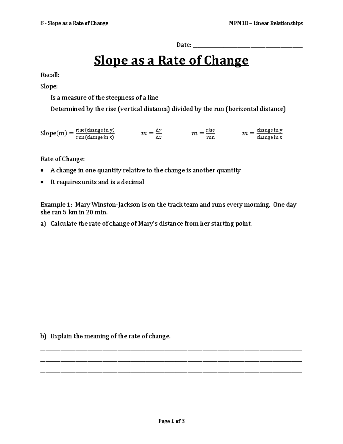 08 - Slope as a Rate of Change - One day she ran 5 km in 20 min. a ...