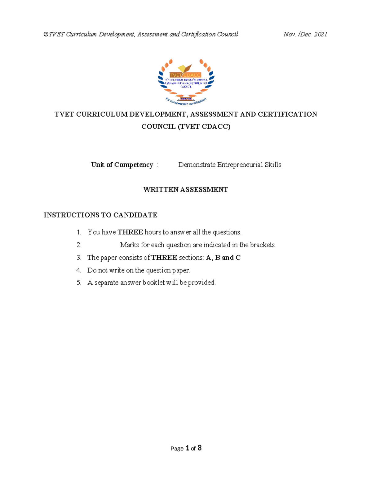 Candidate written assessment entrepreneurial skills level 5 - TVET ...
