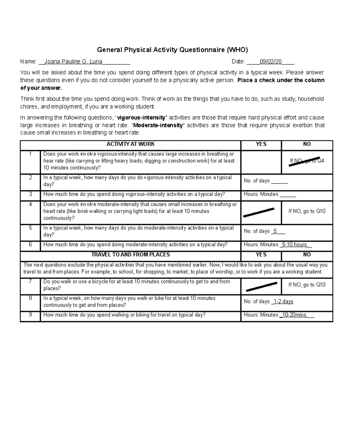 General Physical Activity Questionnaire hope - General Physical ...