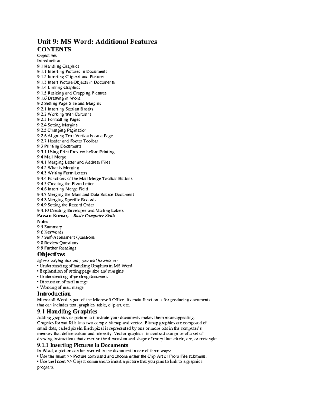 Unit 9 CFOA easy - Unit 9: MS Word: Additional Features CONTENTS ...