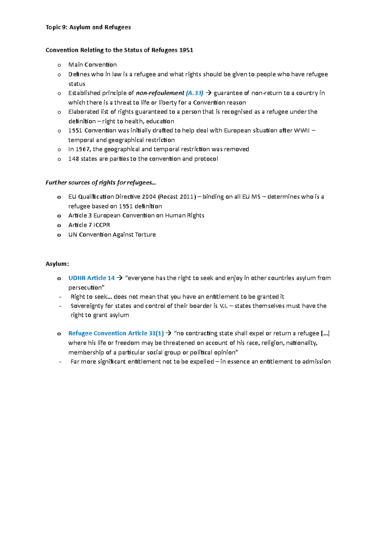Refugees summary - Convention Relating to the Status of Refugees 1951 o ...