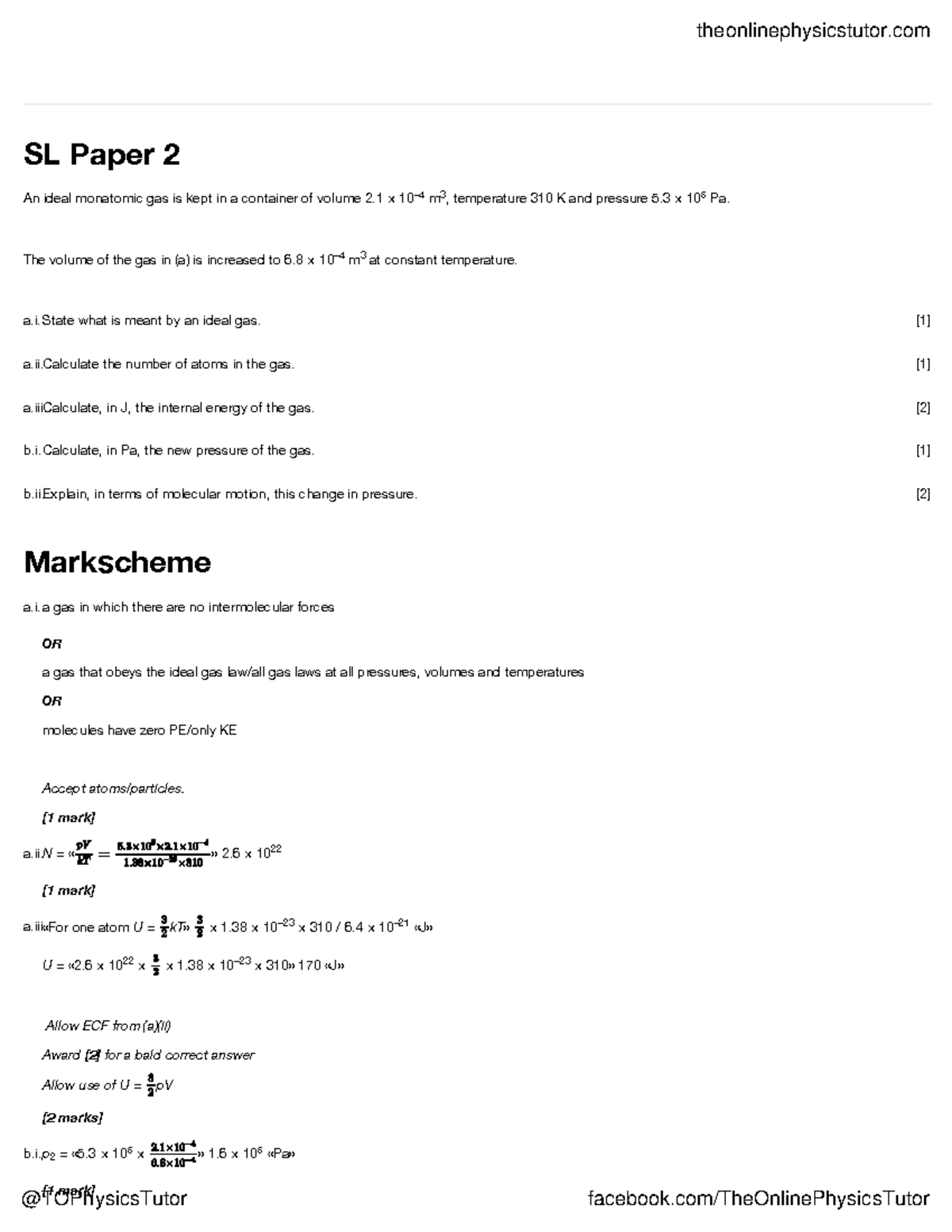3 markscheme-SL-paper 2 thermal - SL Paper 2 Markscheme An ideal monatomic gas is kept in a ...