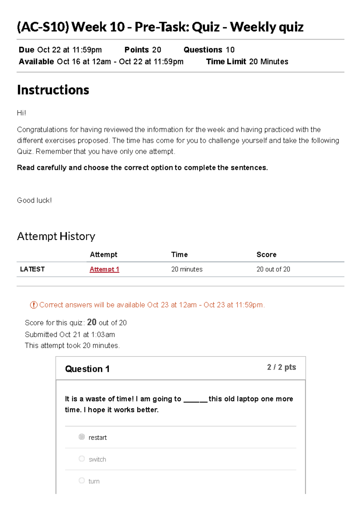 (AC-S10) Week 10 - Pre-Task Quiz - Weekly quiz Ingles III - (AC-S10 ...