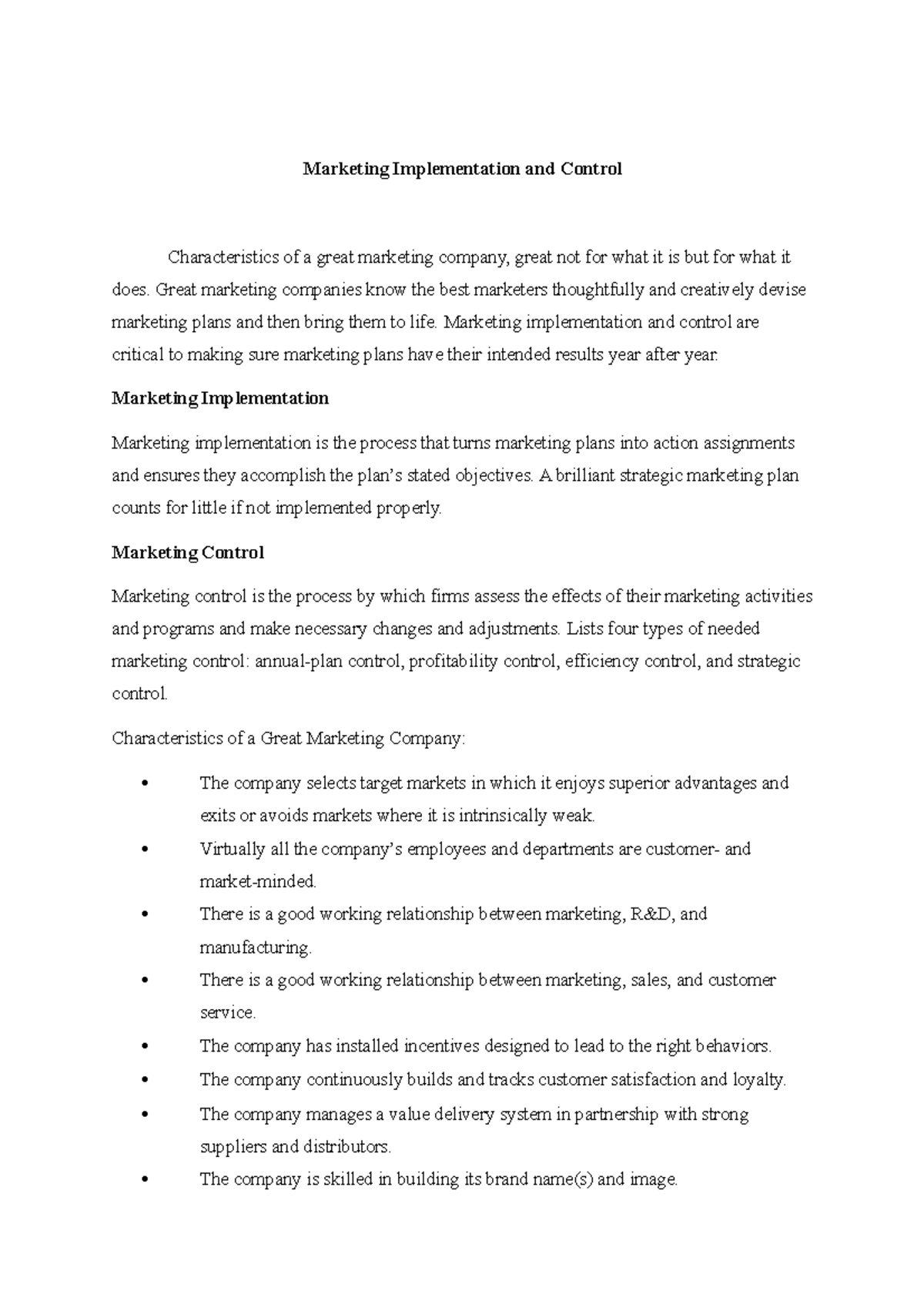 Marketing Implementation and Control - Marketing Implementation and ...