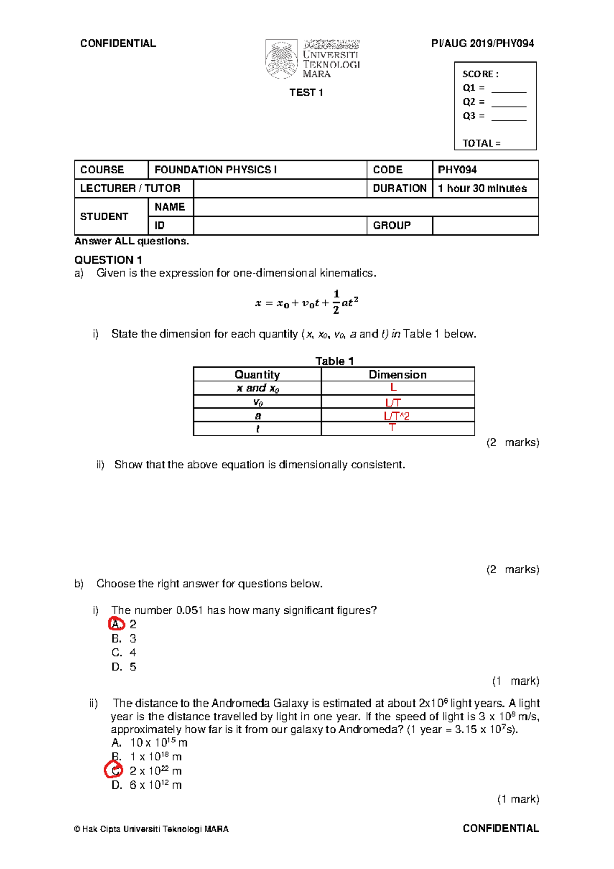 Test 1 PHY094 2019 with answers - TEST 1 Answer ALL questions. QUESTION ...