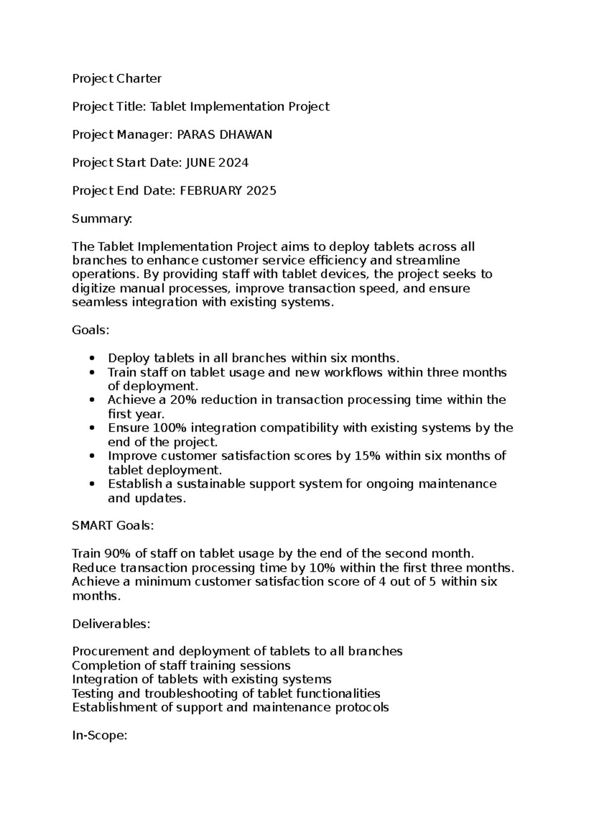 Project Charter - Project Charter Project Title: Tablet Implementation ...