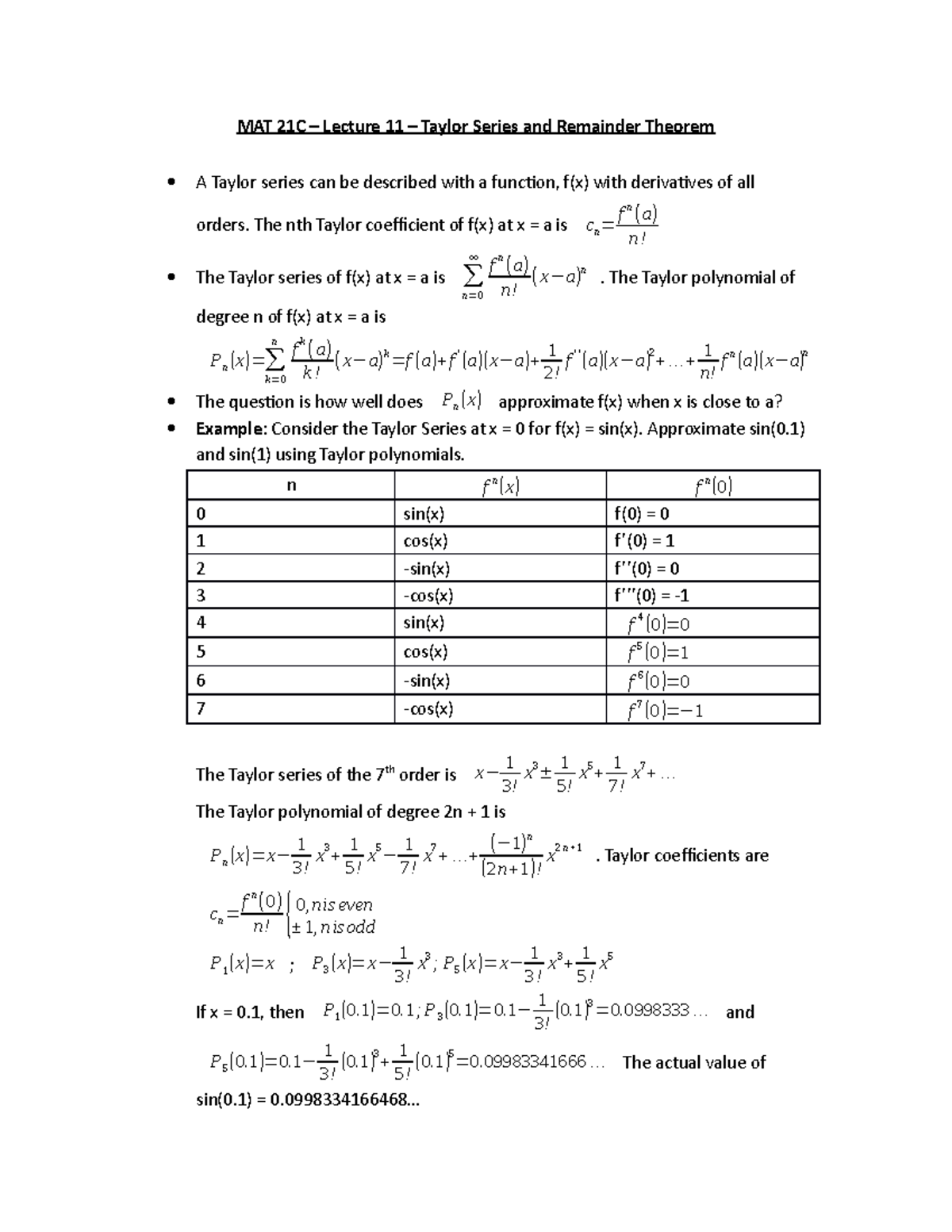 Mat 21c Lecture 11 Taylor Series And Remainder Theorem Mat 21c Lecture 11 Taylor Series