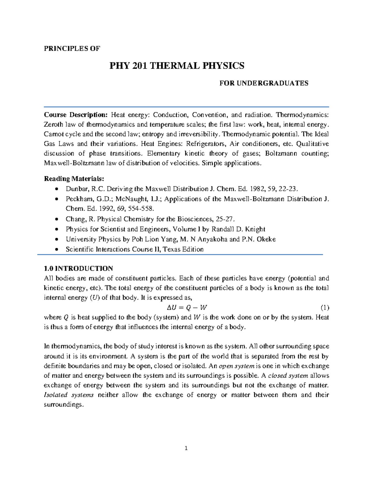 PHY 201 Thermal Physics - PRINCIPLES OF PHY 201 THERMAL PHYSICS FOR ...