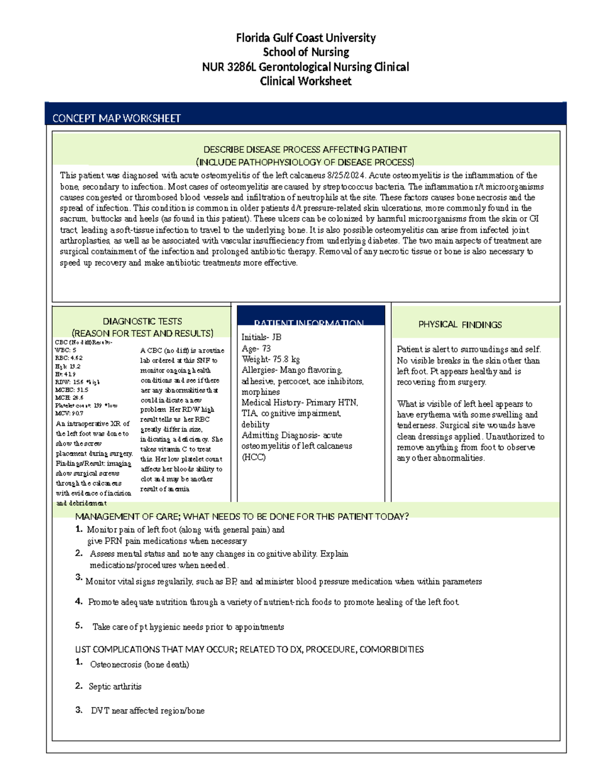Clinical Worksheet Brooke Jones Week 4 - Florida Gulf Coast University ...
