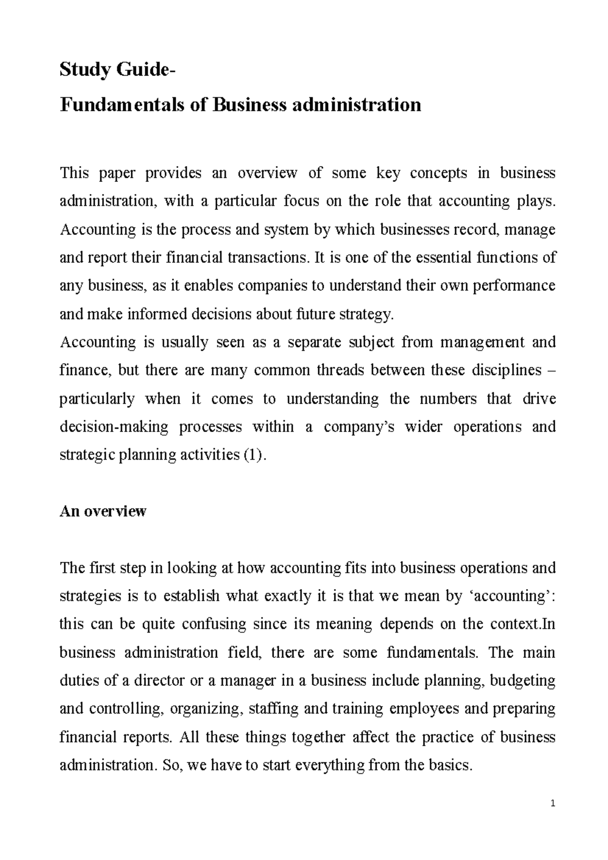 Fundamentals of Business administration - Study Guide- Fundamentals of ...