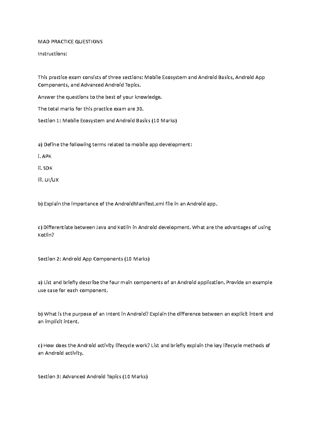 MAD Practice Questions - MAD PRACTICE QUESTIONS Instructions: This practice exam consists of ...