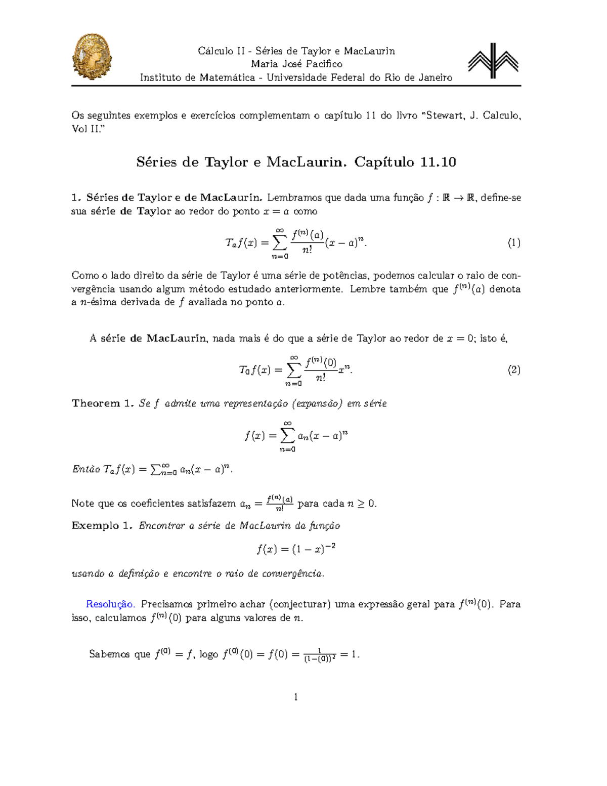 7 Lista Series Taylor e Mac Laurin - Maria José Pacifico Instituto de ...