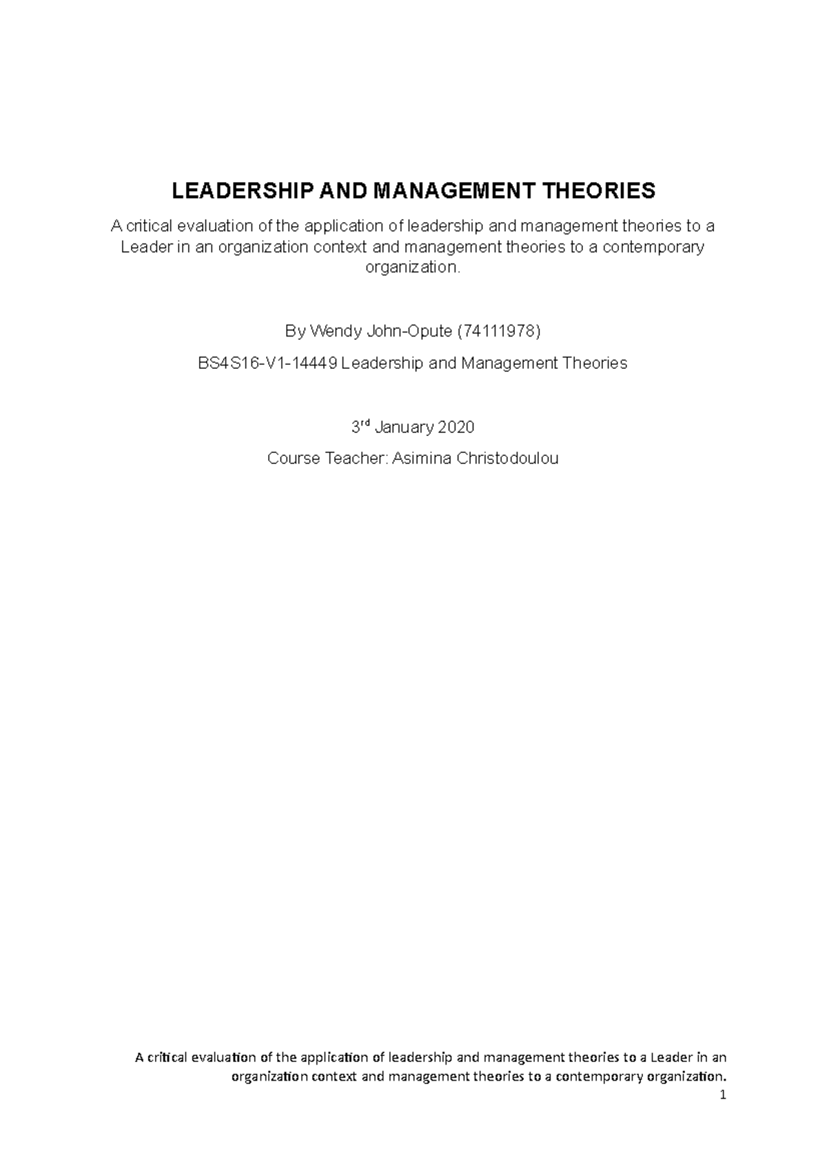 Leadership and Management Theories: A Critical Evaluation - Studocu