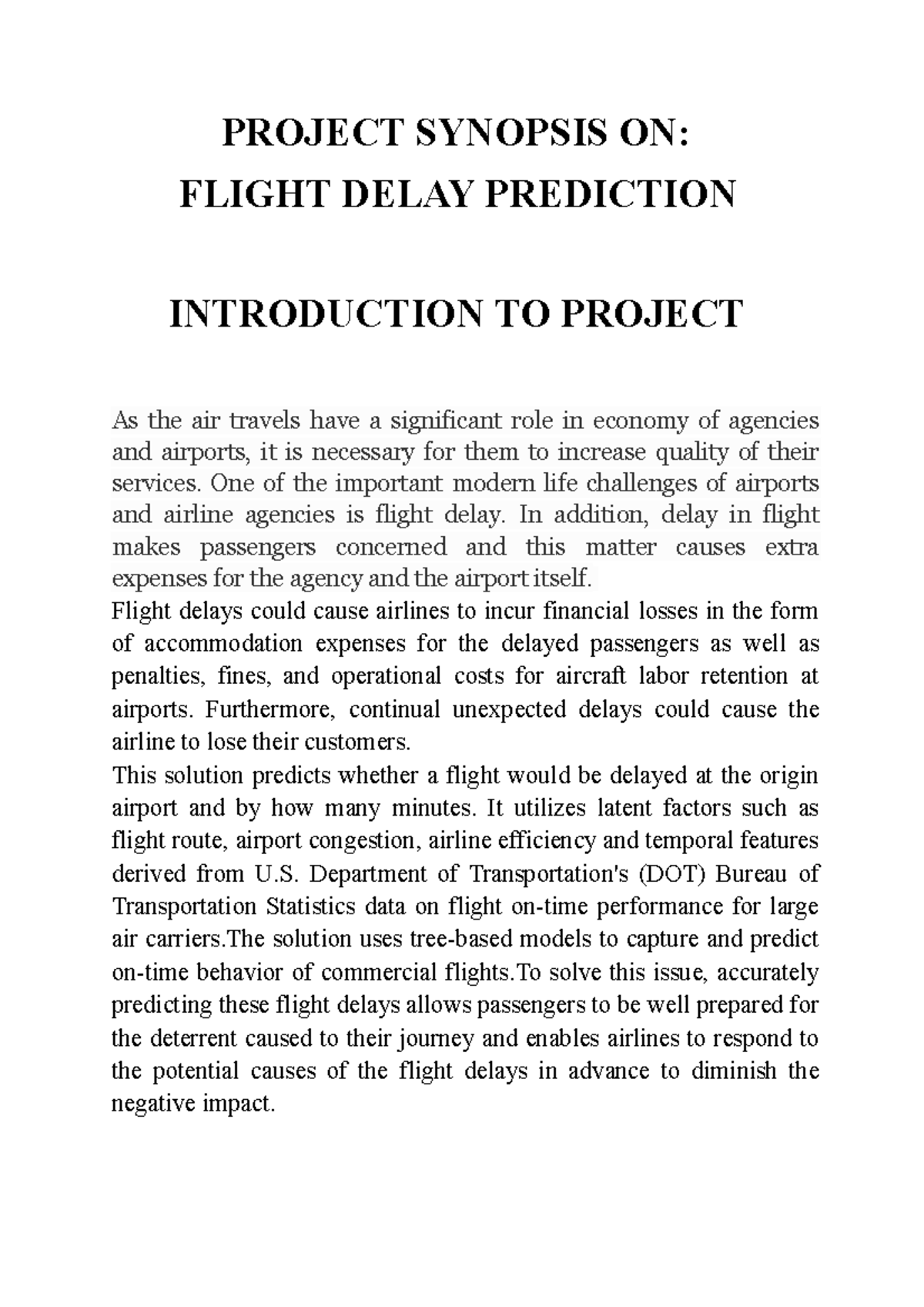 Project Synopsis ON Flight Delay Prediction- Aarzoo - PROJECT SYNOPSIS ...