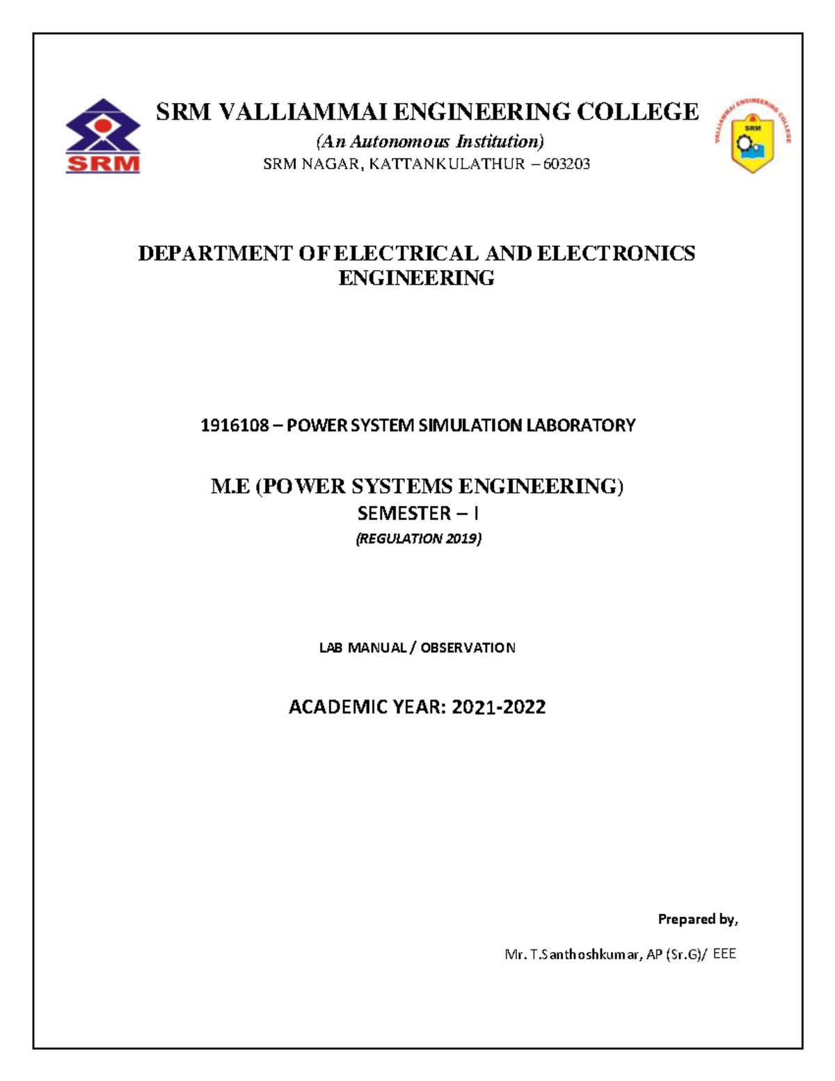 Lab Manual Power System Simulation Lab Manual Srm Valliammai Engineering College An