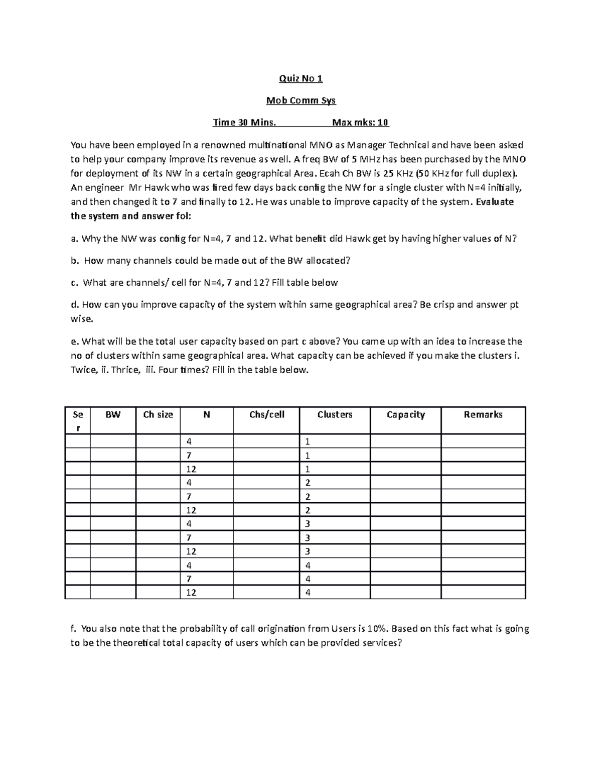 Quiz 1 18 December 2020, questions - Quiz No 1 Mob Comm Sys Time 30 ...