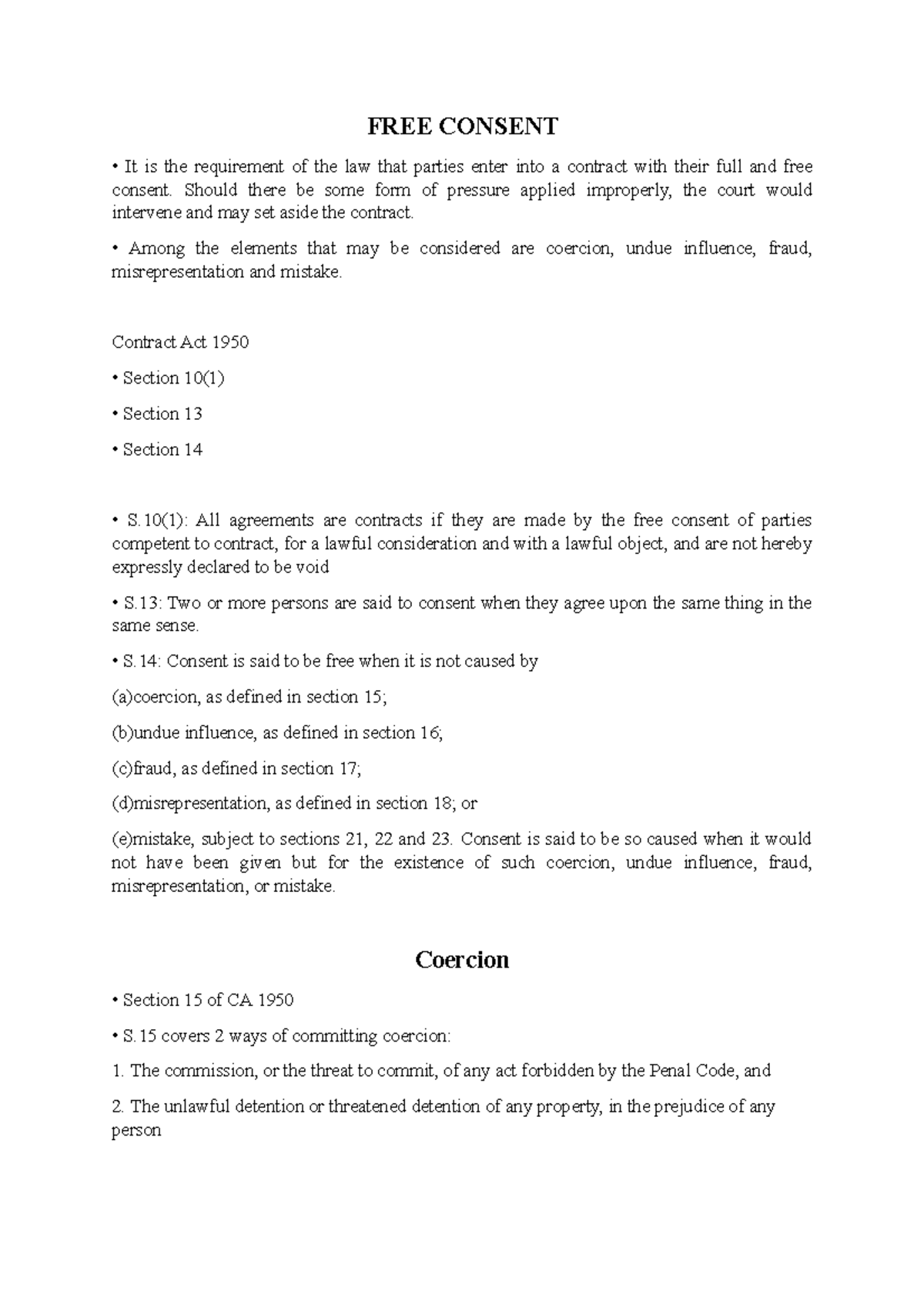 FREE Consent(edited) - Lecture notes 2 - FREE CONSENT It is the ...