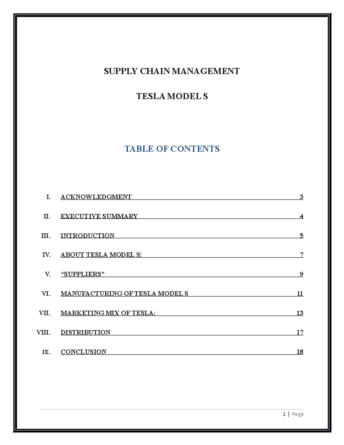 Tesla scm f1 - SUPPLY CHAIN MANAGEMENT TESLA MODEL S TABLE OF CONTENTS ...