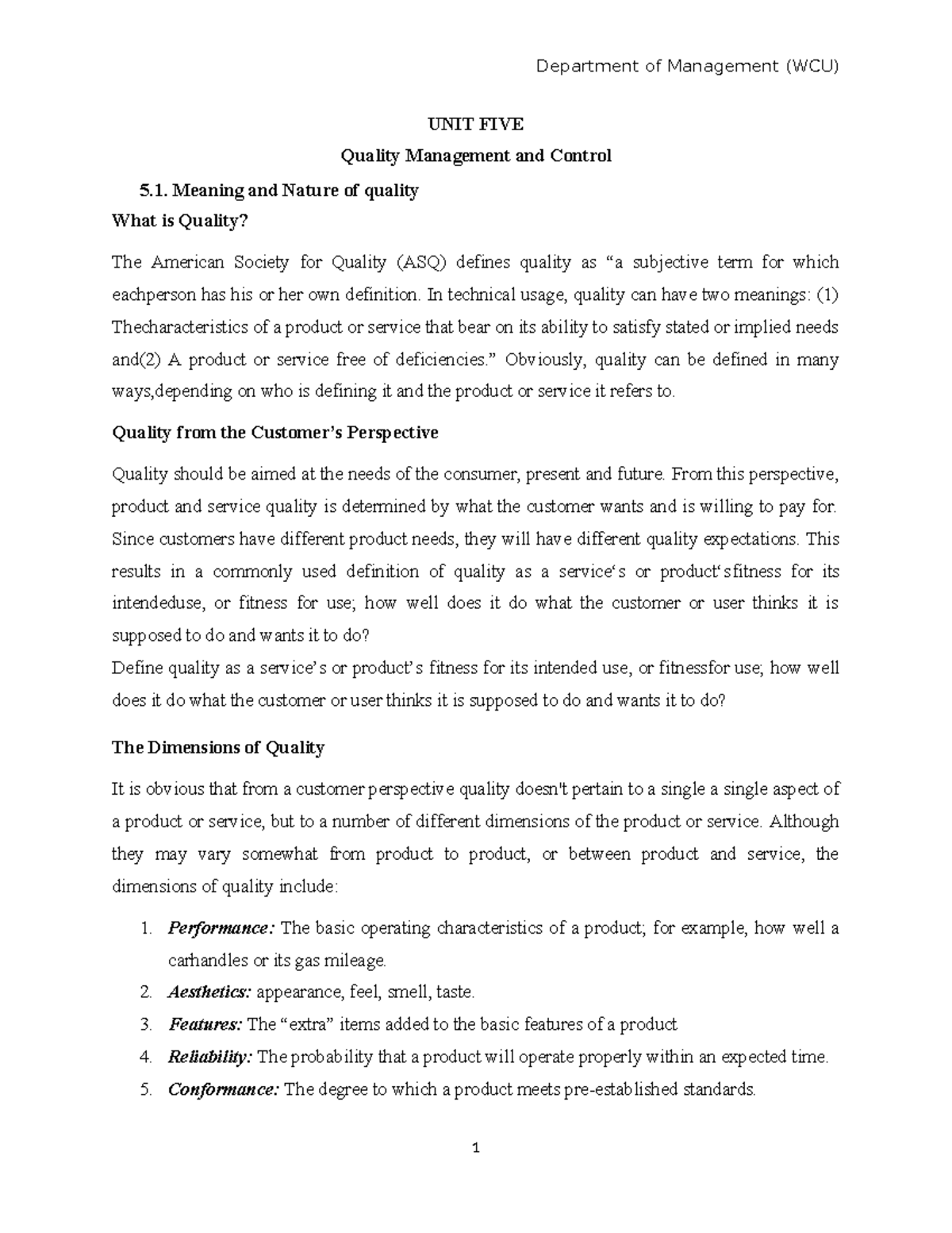 OM- Chapter 5 edted-1 - Lecture Notes - UNIT FIVE Quality Management ...
