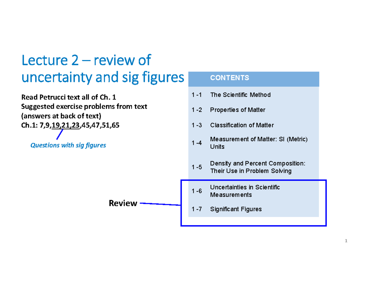 Mod1 Review L2 extra on precision sig figs - Lecture 2 – review of ...