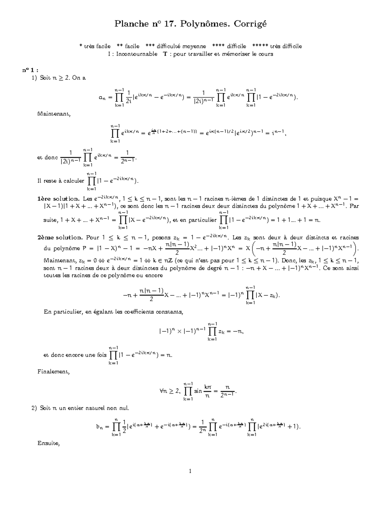 17 Polynomes Corrige - Exercices et Cours de mathématiques - Planche no ...