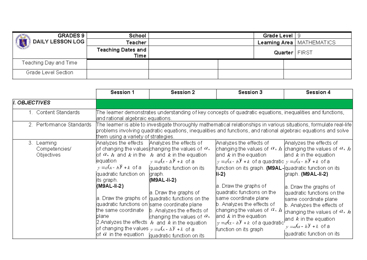 G9 DLL Q1 -WK 8-LC 14 - DLP - GRADES 9 DAILY LESSON LOG School Grade ...