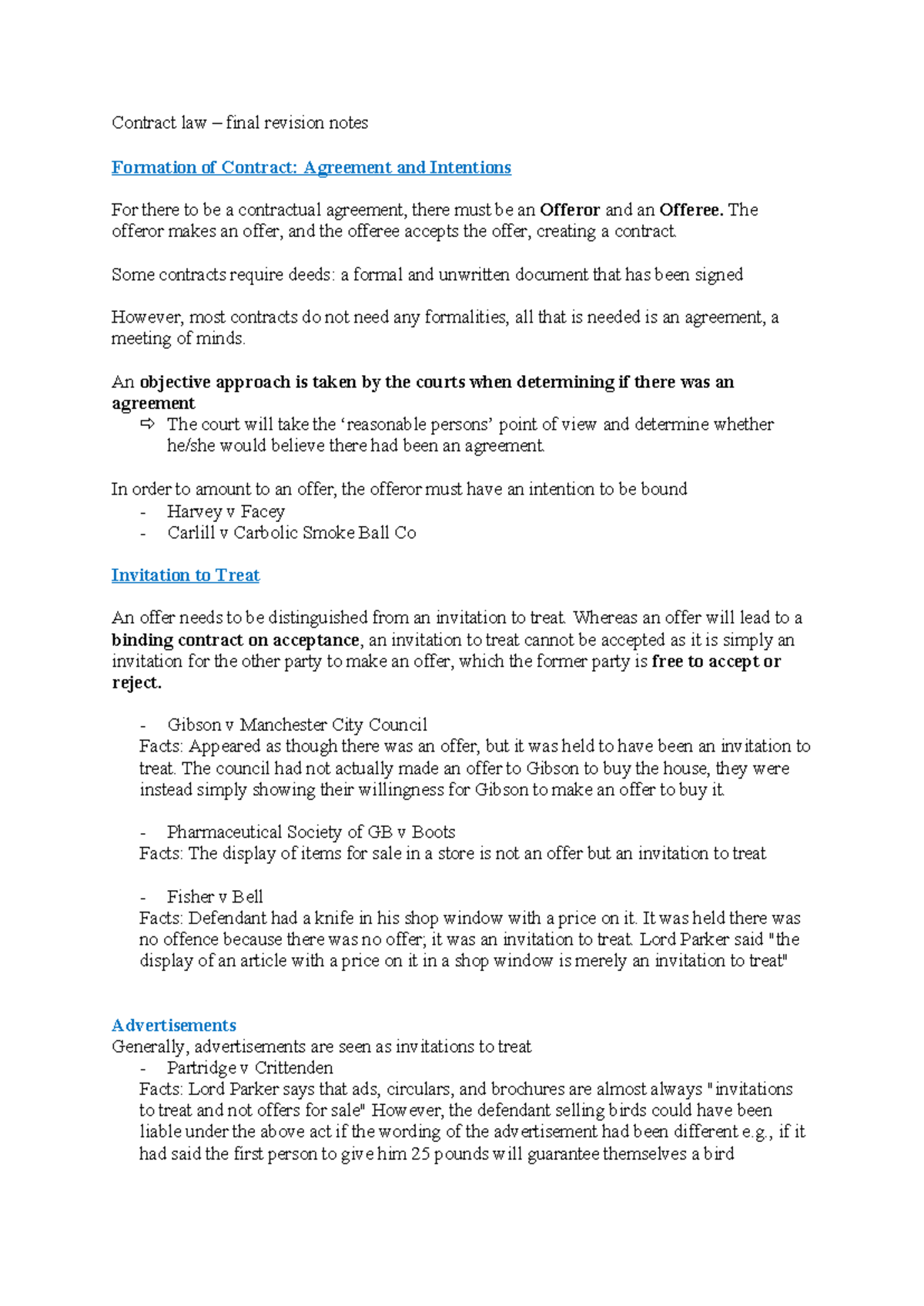 Contract law - final revision notes - Contract law – final revision ...