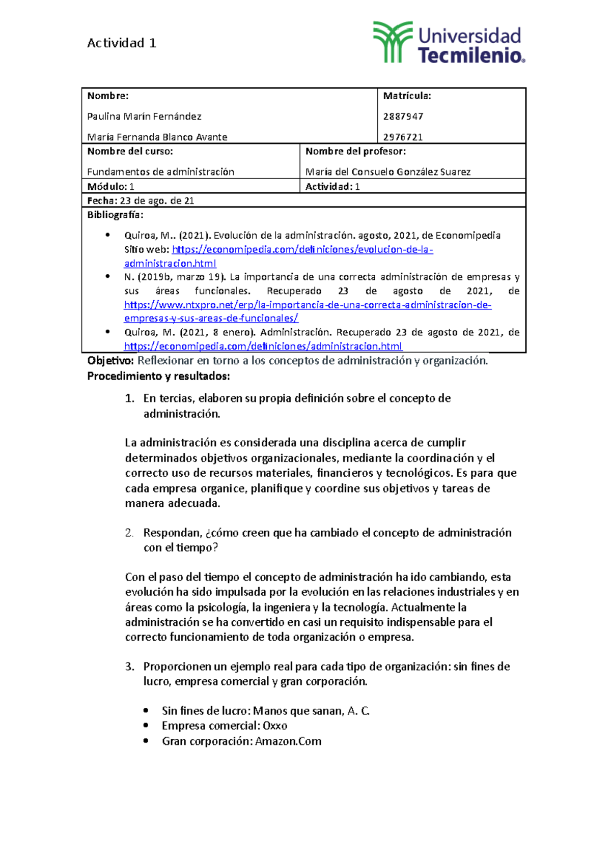 Actividad 1 Fundamentos De Administración Tecmilenio Nombre Paulina