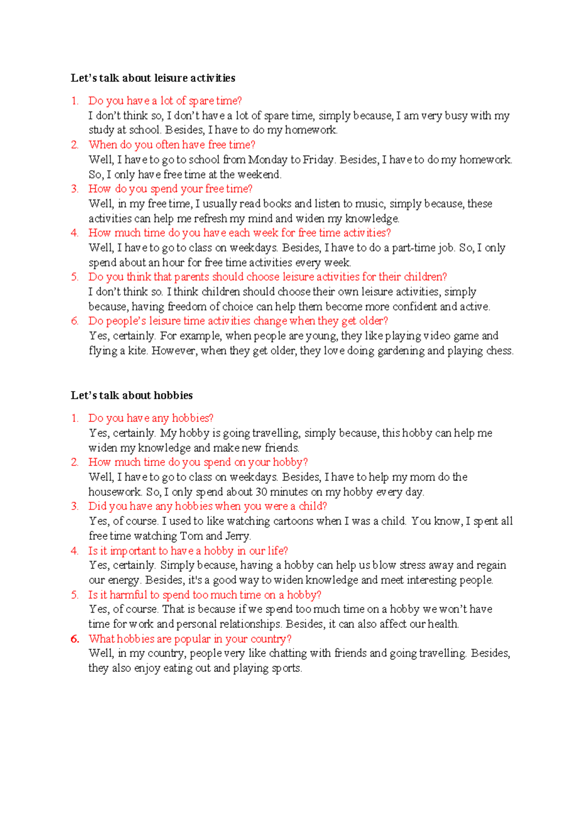 Day1 part1 - Hii - Let’s talk about leisure activities Do you have a ...