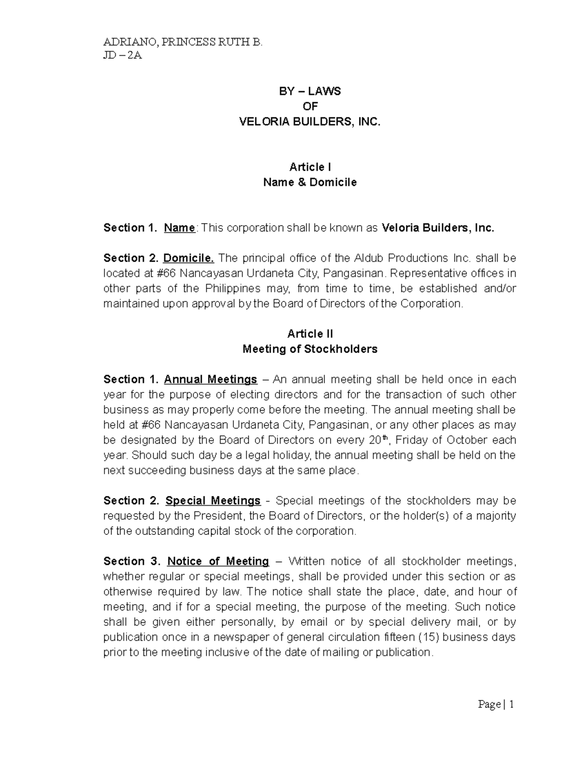 Bylaws - sample - JD – 2A BY – LAWS OF VELORIA BUILDERS, INC. Article I ...