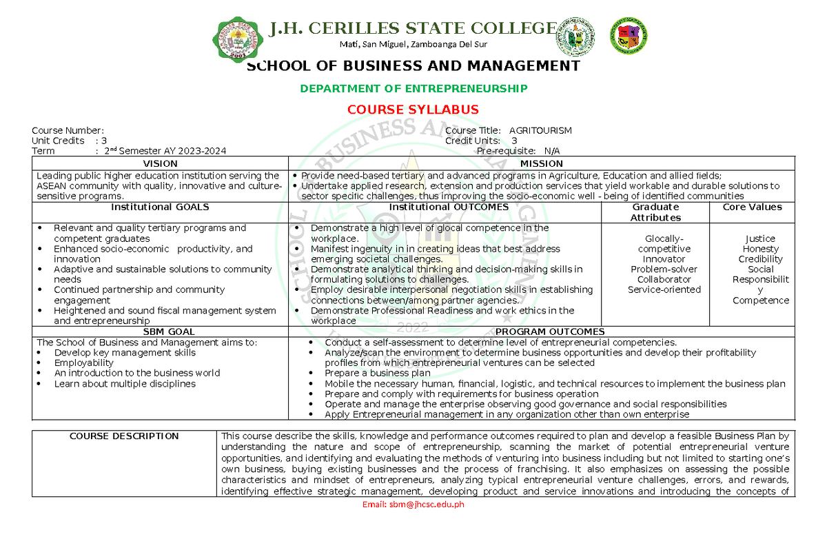 2023 2024 Agri Tourism - Syllabus - J. CERILLES STATE COLLEGE Mati, San ...