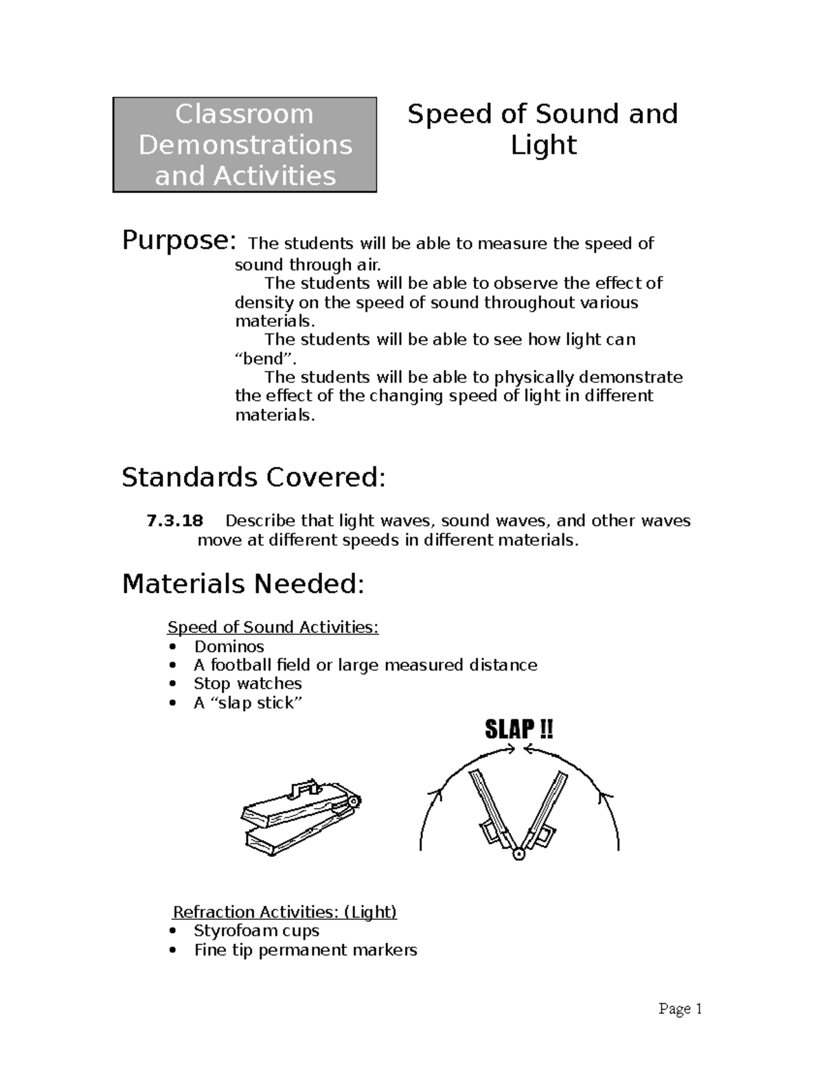 Speed of Sound and Light - Classroom Demonstrations and Activities ...