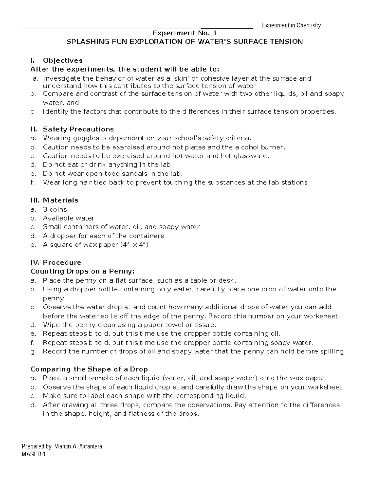 Activity on Water Properties - _________________ |Experiment in ...