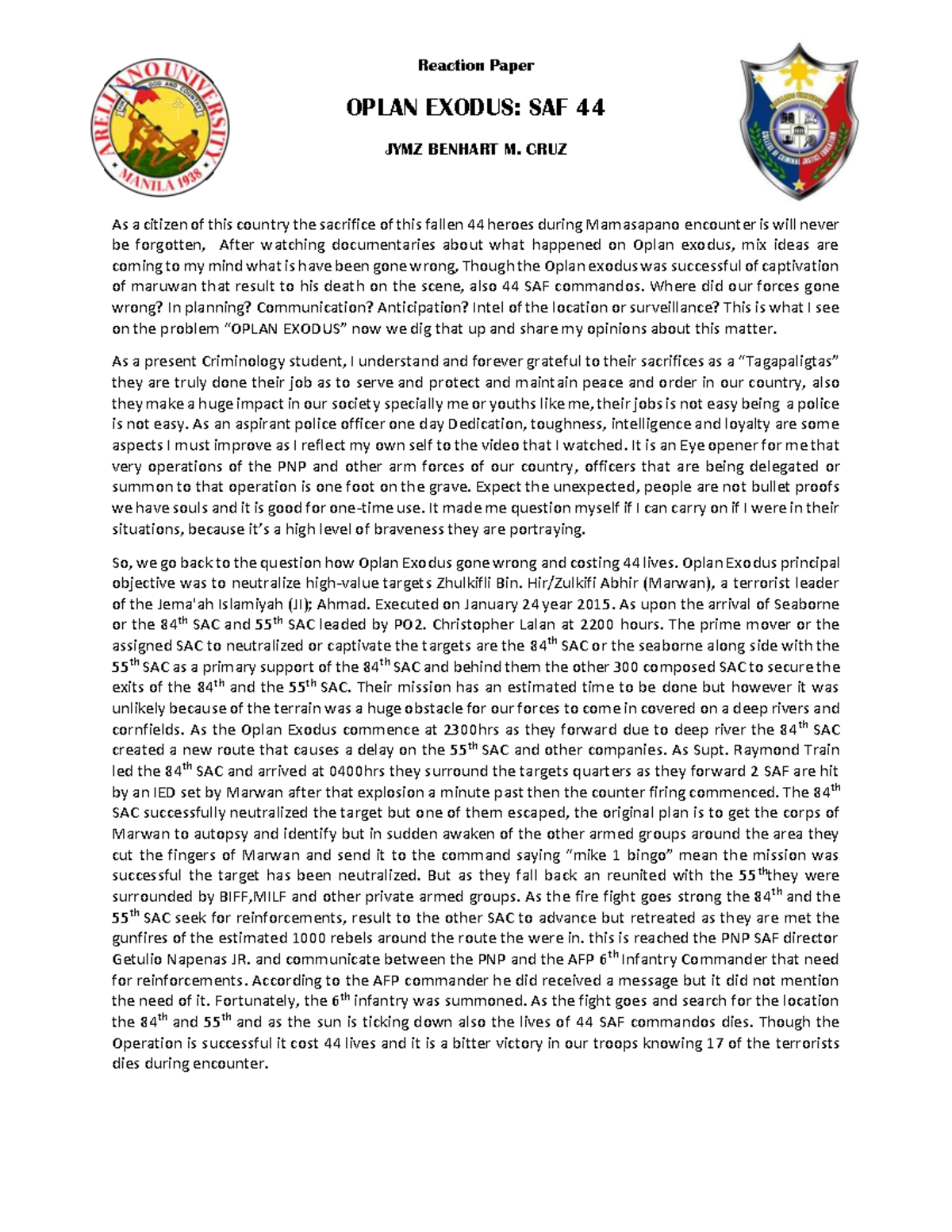SAF 44 Reaction paper - Reaction Paper OPLAN EXODUS: SAF 44 JYMZ ...